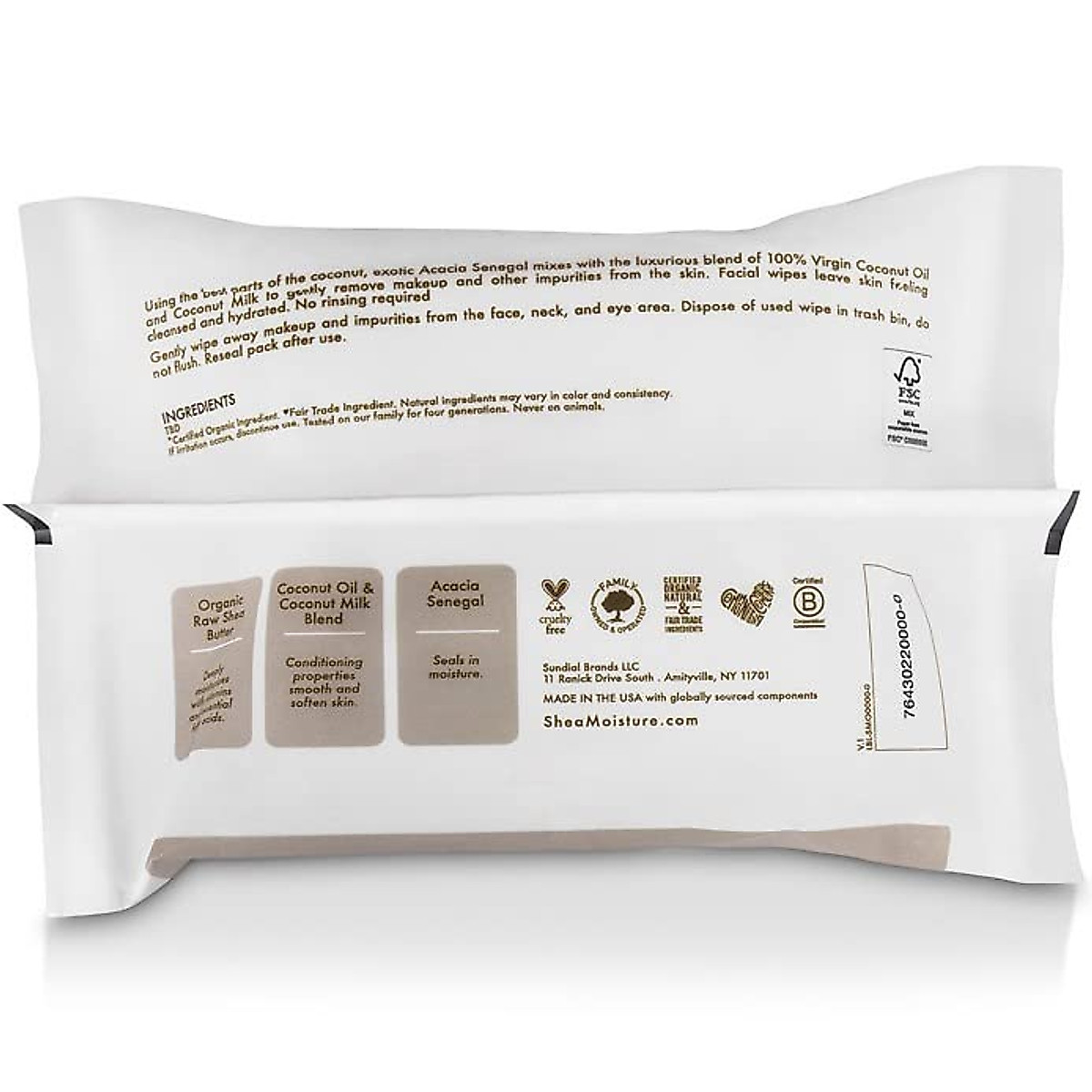 Shea Moisture 100 Percent Virgin Coconut Oil Daily Hydration Face Wipes, Coconut Milk Makeup Remover Wipes, Acacia Senegal Facial Wipes, Unisex Face Cleansing Wipes, 30 Count