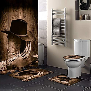 Bathroom Accessory Sets Toilet Lid Cover Sets with Non-Slip Bath Mat Cowboy Hat and Old Ranching Rope On Wooden Display Rodeo Cowboy Style 4pcs Waterproof Shower Curtain 66x72in for Bathroom Toilet