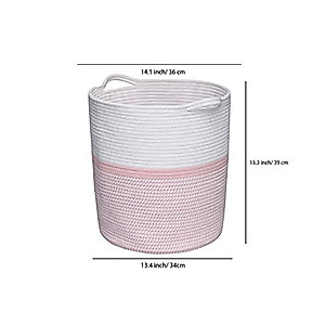 Pink Cotton Rope Laundry Basket with Handles Woven Portable Basket Cute Pink Nursery Blanket Storage Basket for Girl Clothes Hamper Home Decor Basket