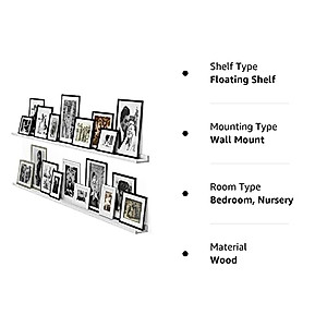 Wallniture Denver White Picture Ledge 72" Floating Shelves for Wall, Bookshelf for Living Room, Bedroom and Nursery Decor, Set of 2
