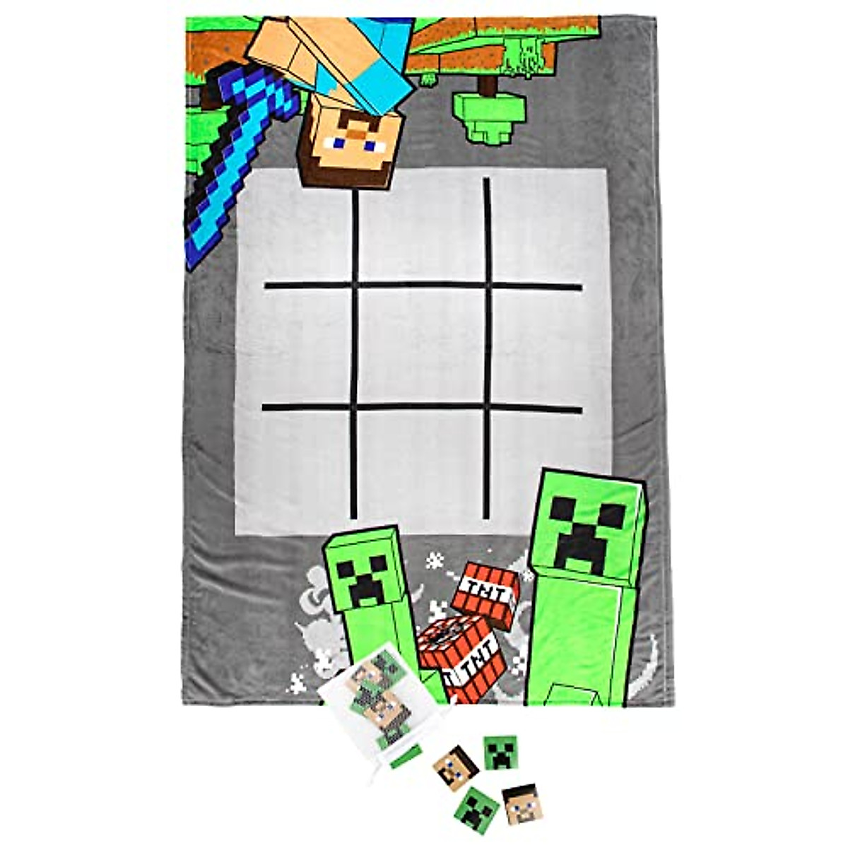 Minecraft Tic Tac Toe Game Blanket - 3 Piece Set Includes Plush Blanket, 10 Pieces, & Storage Bag (Official Minecraft Product)