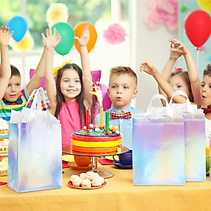 ISUSSER 25 Pack Holographic Gift Bags With White Handles Gift Bags with Tissue Papers Non Woven Reusable Handled Gift Bags Glossy Welcome Bags for Shopping Birthday Party Wedding, 8 x 4 x 10 Inch