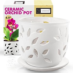 VEBAVO Large Ceramic Orchid Pot with Holes & Saucer 6.5 in. Indoor or Outdoor Pot for Orchid Care & Root Health with Precise Aeration & Drainage – Durable for Repotting or New Plants