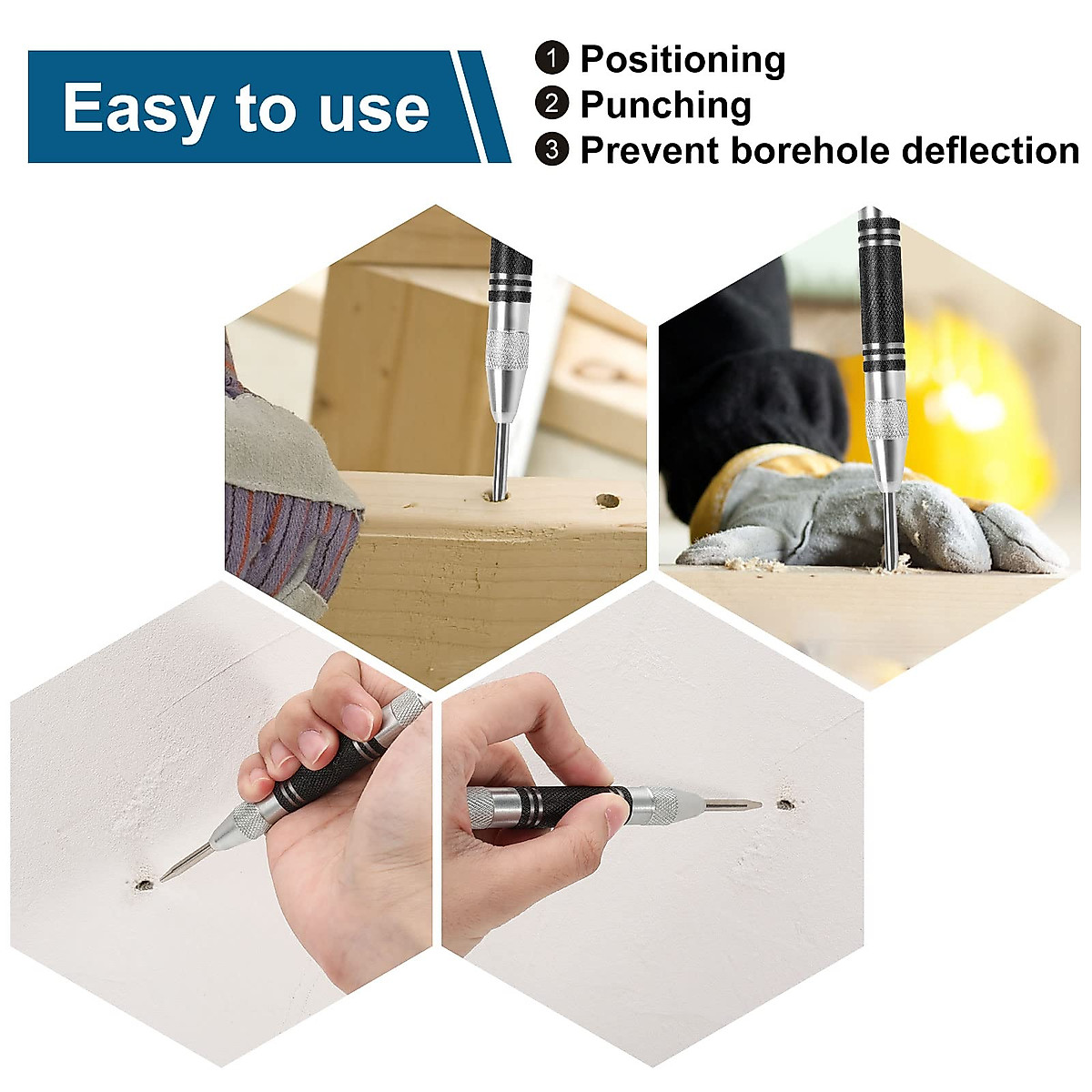 2Pcs Heavy Duty Automatic Center Punch, 5'' Premium Steel Spring Loaded Center Hole Punch, Adjustable Spring Impact Center Marker Scriber Tool for Metel, Plastics, Wood, Glass by karmiero