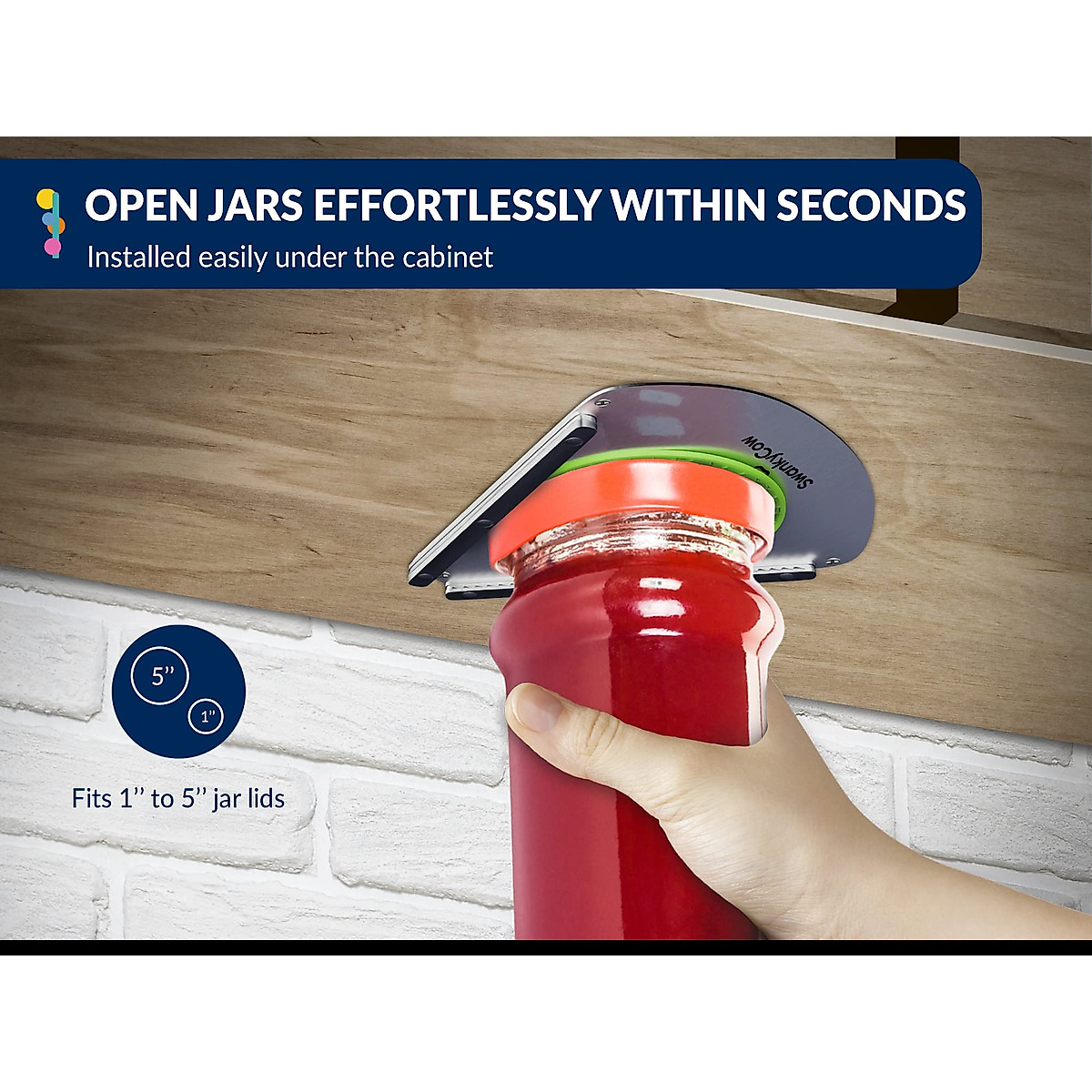 SWANKYCOW - Undercounter Stainless Steel Jar Opener & Bottle Cap Opener for Weak Hands or Seniors -Bonus Jar Opener Gripper Pads included - One Handed Jar Opener Gripper