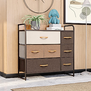 VredHom Wide Fabric Dresser Tower, 7 Drawers Fabric Closet Dresser Closets Storage Units with Sturdy Steel Frame, Wood Top & Easy Pull Fabric Bins for Bedroom, Living Room, Hallway, Entryway, Closets