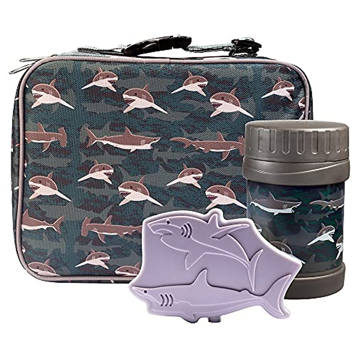 Kids Lunch Bag Set (Sharks) w Reusable Hard Ice Pack & Double-Insulated Food Jar for Drinks or Soups - Perfect Lunchbox Kits for Boys and Girls Back to School, Keeps Food Hot or Cold for Longer