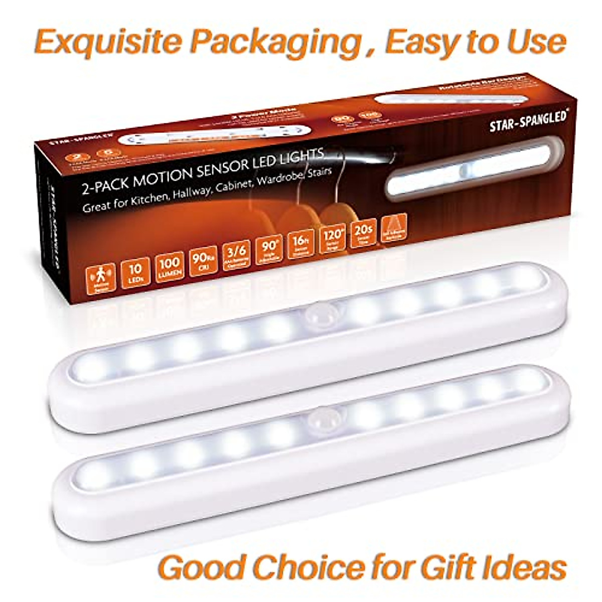 11inch Motion Sensor Light Indoor, STAR-SPANGLED Stick on Lights Battery Powered, Closet Lights Motion Activated Operated, LED Night Stair Lights for Under Cabinet, Hallway, Kitchen(Cool White, 2Pack)