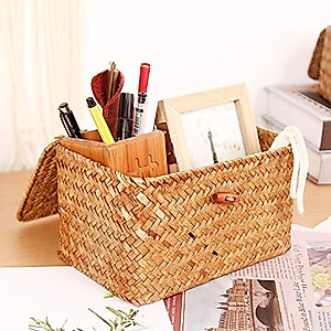 FEILANDUO Shelf Baskets with Lid Set of 3 Handwoven Seagrass Storage Box Wicker Basket Desktop Makeup Organizer Multipurpose Container (Original (S/M/L)
