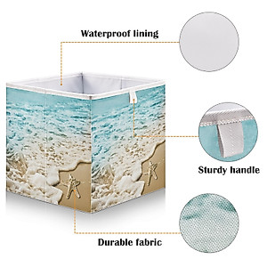 QUGRL Starfish Ocean Wave Cube Storage Bins Organizer Summer Beach Clothes Toy Storage Basket Box for Shelves Closet Cabinet Office Dorm Bedroom 11x11 in