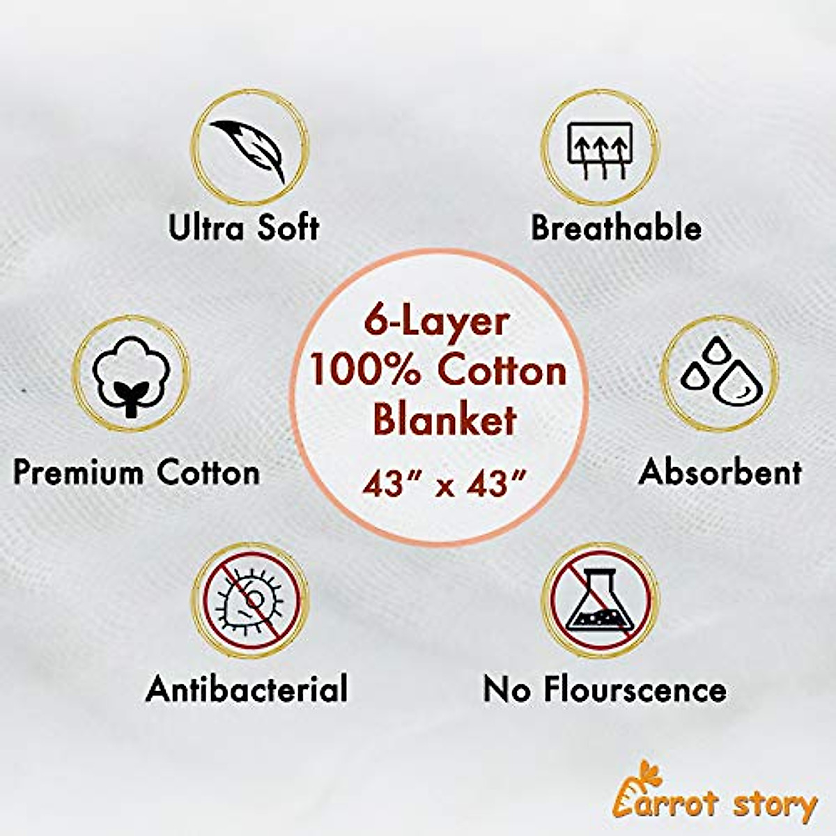 Carrot story 6 Layers 100% Cotton Premium Muslin Swaddle Blanket 43" X 43" Multipurpose Soft Toddler Blanket for Baby Shower (Smart Fox)