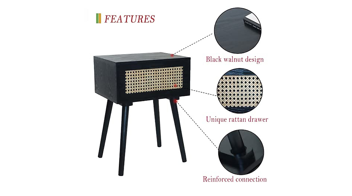 Stylish AWASEN Mid Century Nightstand with Rattan Drawer