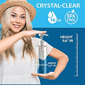 Bar5F 16-Ounce Emoty Plastic Shampoo and Conditioner Pump Bottles, BPA-Free, Crystal-Clear, Ideal for Lotion, Body Wash, Cream, Liquid Soap, Shower, Guest Room, 3-Pack