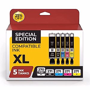 Canon PGi-270XL and Cli-271XL Compatible InkjetsClub High Yield Ink Cartridge 5 Pack. Includes 1 PGi-270XL Black, 1 Cli-271XL Black, 1 Cyan, 1 Magenta, and 1 Yellow