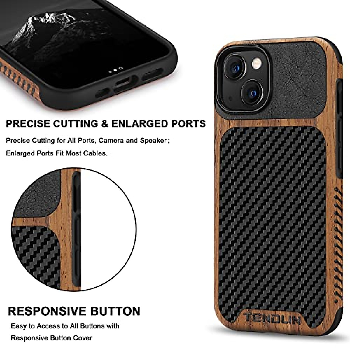TENDLIN Compatible with iPhone 13 Mini ​Case Wood Grain with Carbon Fiber Texture Design Leather Hybrid Case Compatible for iPhone 13 Mini 5.4-inch Released in 2021 Black