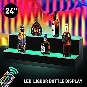 COSVALVE 2 Step Lighted Liquor Bottle Display Shelf, 24 Inch Illuminated Bar Bottle Shelf 2-Tier Commercial Home Bar Bottle Display Drinks Acrylic Lighting Shelves with Remote Control