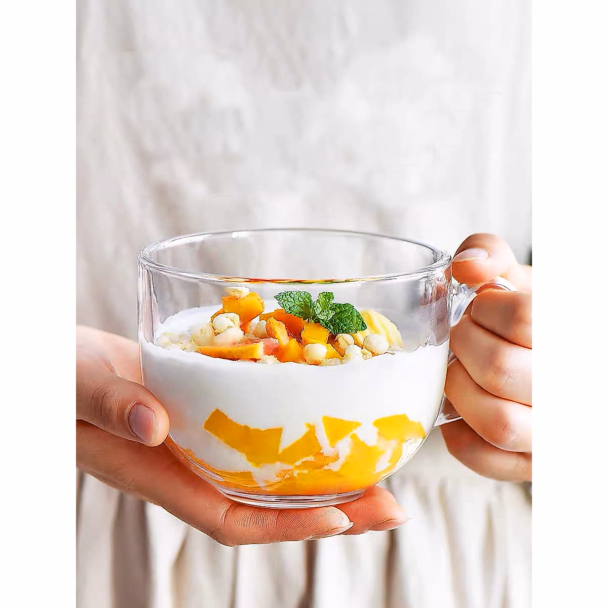 Aoderun Large Glass Coffee Mugs Set of 3 15oz Ins Style Glass Cups with Lids Spoon, for Cappuccino, Coffee Latte Cereal Ice Cream Mike Dishwasher and Microwave Safe (Premium Tempered Glass)