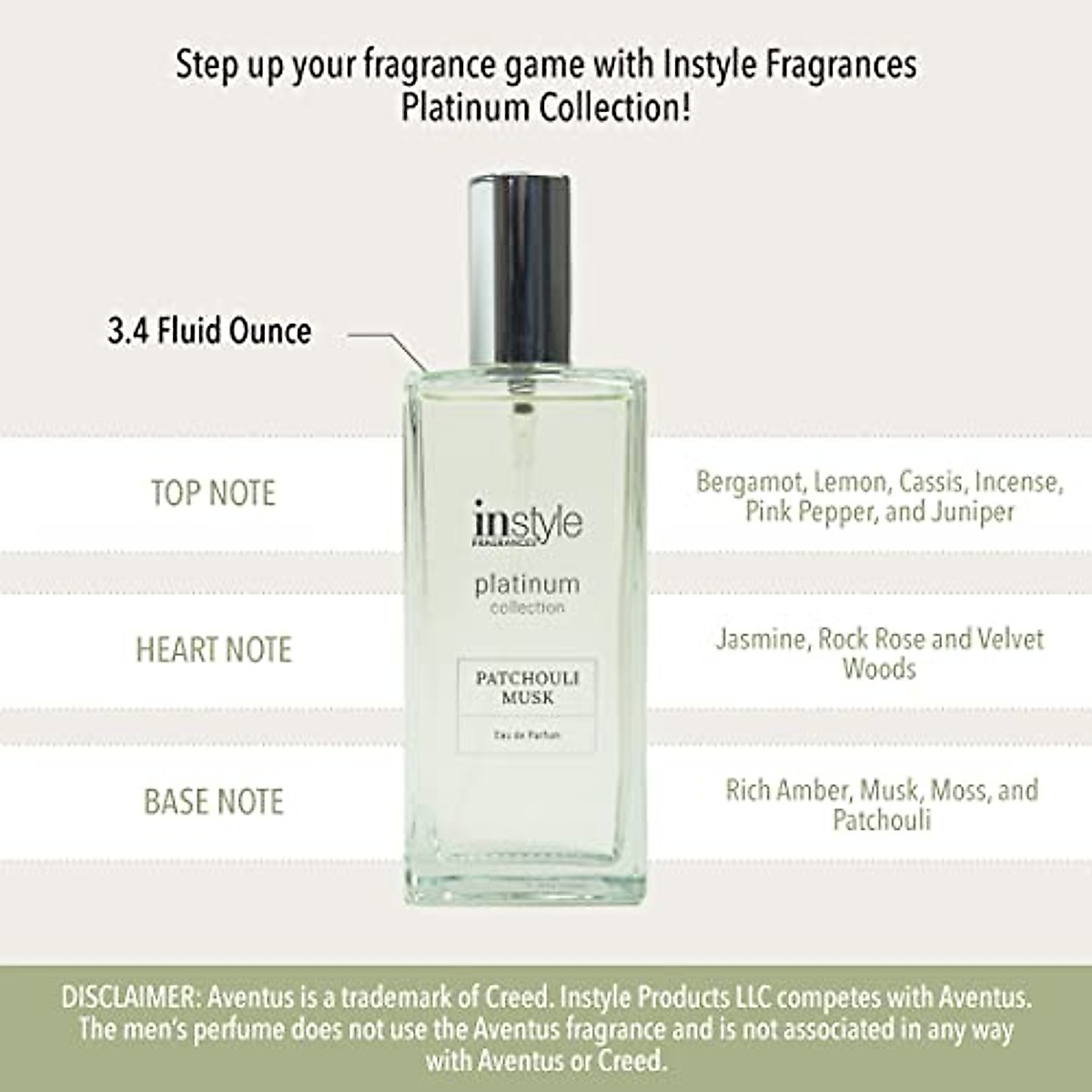 Instyle Fragrances | Inspired by Creed’s Aventus | Platinum Collection | Patchouli Musk | Men’s Eau de Parfum | CLEAN, Vegan, Paraben & Phthalate Free | Never Tested on Animals | 3.4 Fl Oz