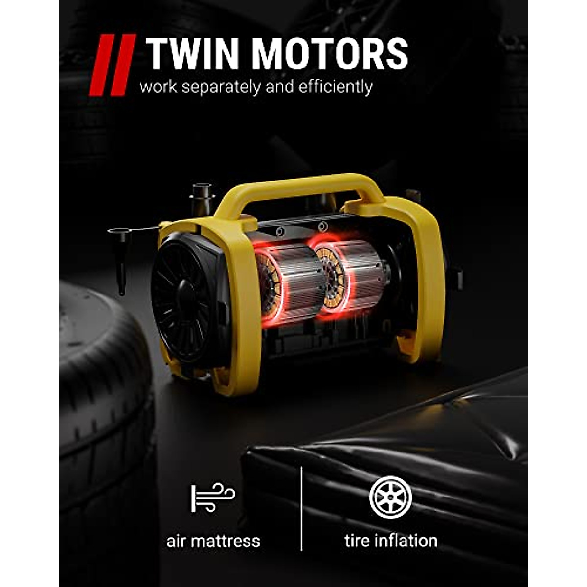 VacLife Tire Inflator Portable Air Compressor - 12V DC/120V AC Car Tire Pump for Air Mattress Beds, Boats with Inflation and Deflation Modes, Dual Powerful Motors, Model: ATJ-6588, Yellow (VL758)