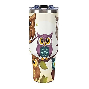 LLUTSNTH 40 Oz Vacuum Tumbler with Deep Blue Handle Leakproof Insulated Tumbler Owls Birds Stainless Steel Travel Mug with Lid And Straw Coffee Cup Cute Water Bottles Cup Holder Friendly