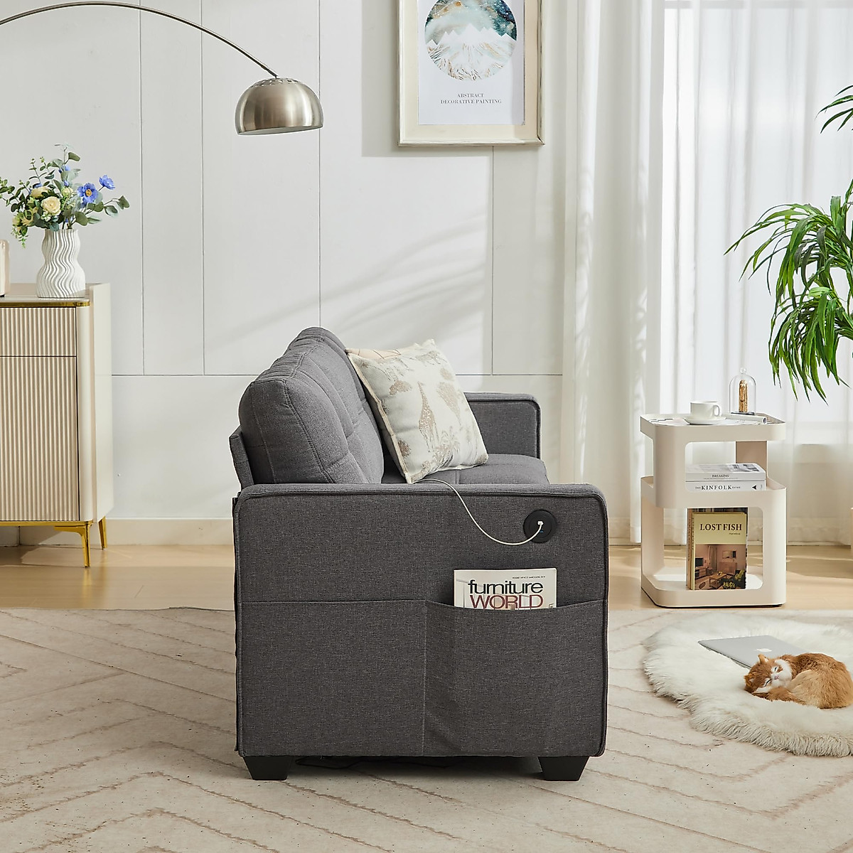 TYBOATLE 88" W Modern 3 Seater Sofa Couch, Fabric Linen Deep Seat Mid Century Couches w/ 2 USB Charging Ports and Upholstered Cushions, Comfy Sofas for Living Room, Bedroom, Apartment (Dark Gray)