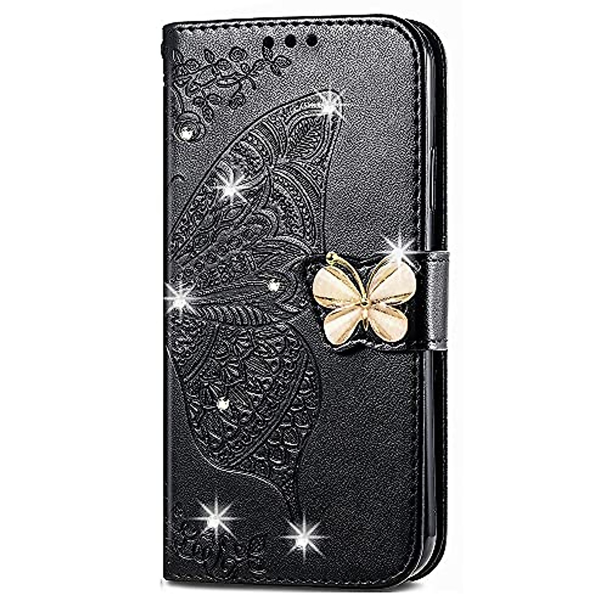 Ysnzaq Samsung Galaxy A32 5G (Not 4G) Lanyard Wallet Case,3D Butterfly Embossed Leather Magnetic Clasp Phone Case with Card Slots Holder Cover for Samsung Galaxy A32 5G HZDGS Rhinestone Black