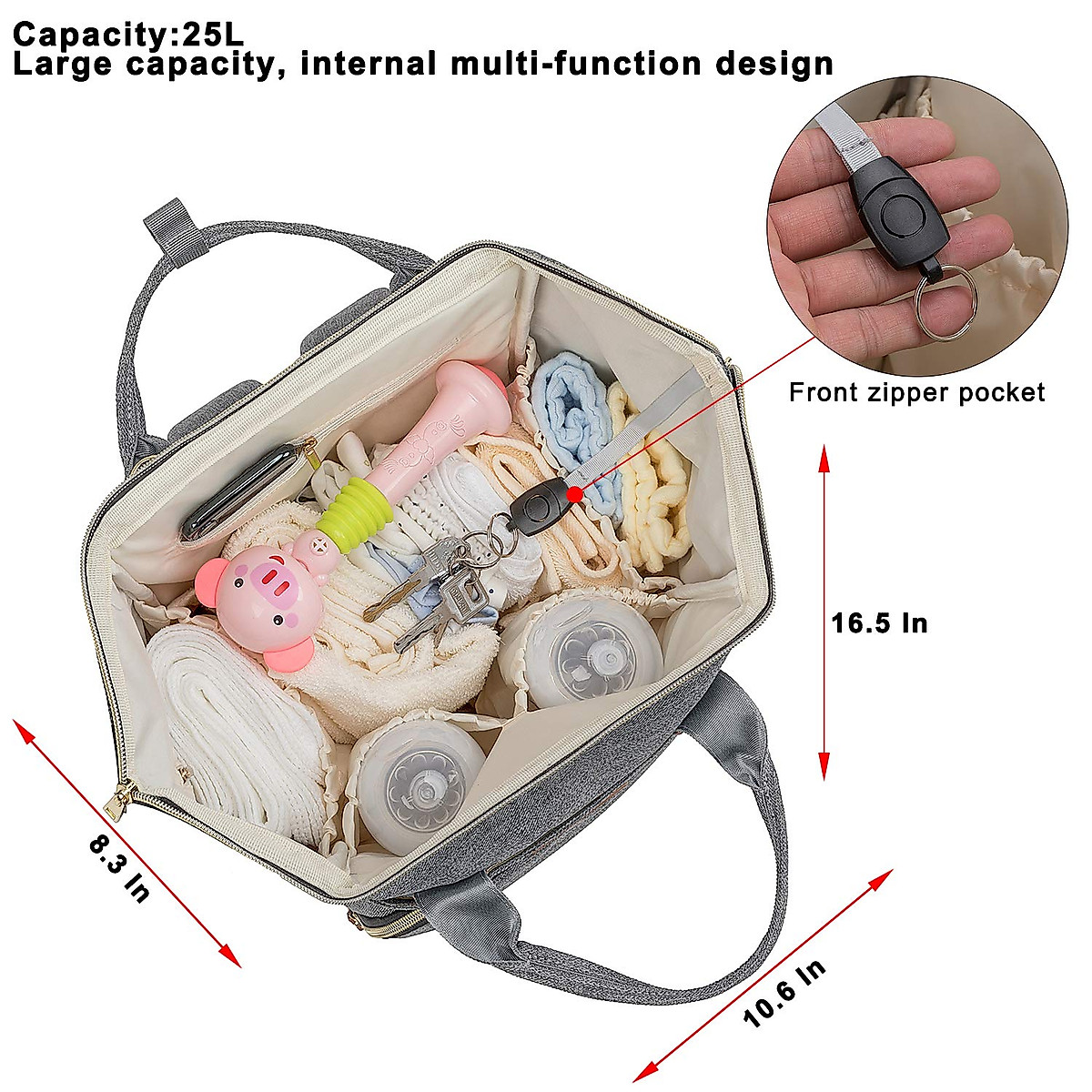 FANCYOUT Diaper Bag Backpack with USB Charging Port and Stroller Straps, Maternity Nappy Bag with Insulated Feeding Bottle Pocket (Grey)
