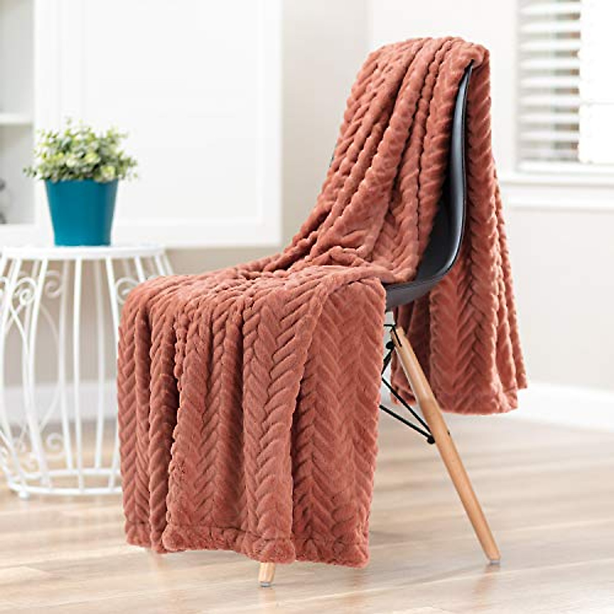 Chanasya Soft Faux Fur Embossed Throw Blanket - Solid Color Fuzzy Double Layered Super Soft Cozy Plush Elegant Burnt Orange Throw - for Bed Couch and Living Room (50x65 Inches) Rust Blanket