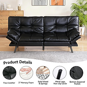 AMICLIBER Memory Foam Faux Leather Futon Sofa Bed Couch,Convertible Futon Sofa Couch,Loveseat Sleeper Sofa Bed,Small Splitback Modern Sofa Bed for Living Room,Office,Apartment,Bright Black