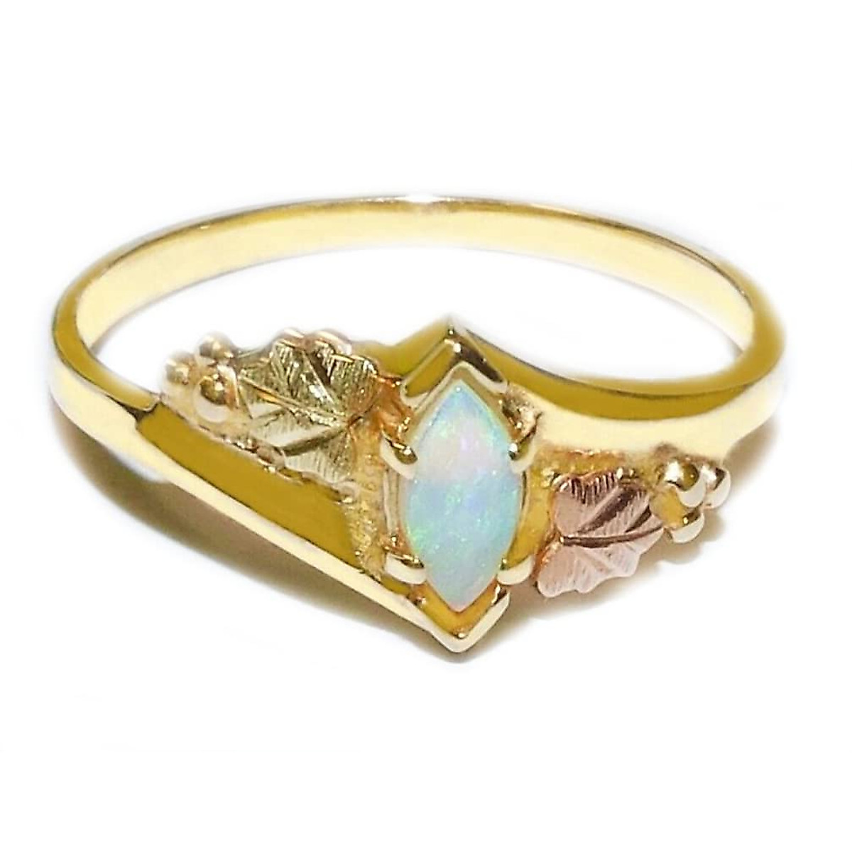 Opal Cabochon Marquise Ring, 10k Yellow Gold, 12k Green and Rose Black Hills Gold Size 8