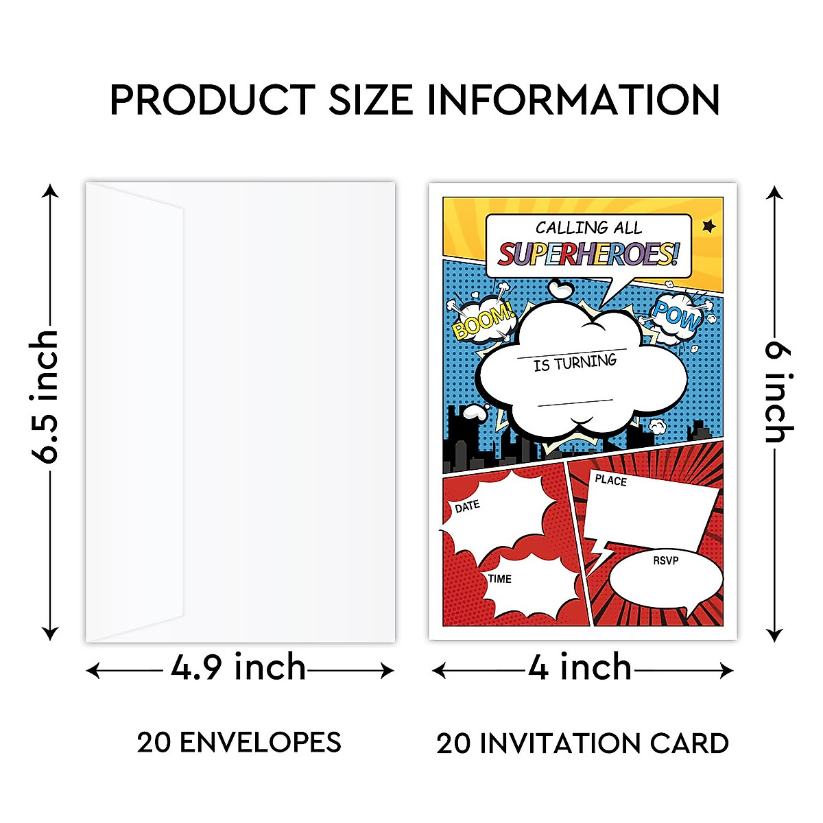 YUEXLL Comic Superhero Birthday Party Invitations Cards with Envelopes, Calling All Superheros Party Invitations, Birthday Celebration Supplies, Double-sided Fill-in bday Invites for Boys Girls- A35