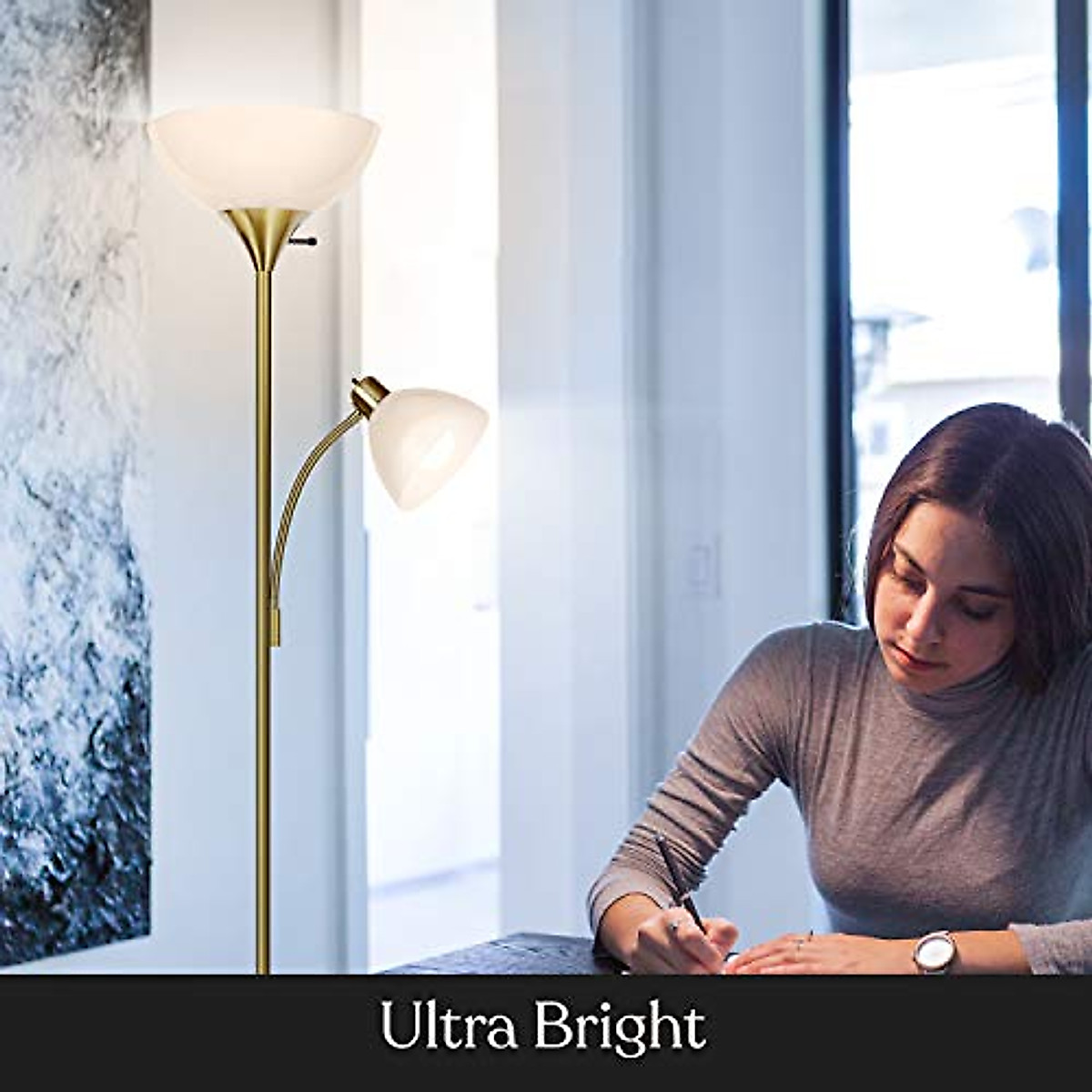 Brightech Sky Dome Plus LED Floor lamp, Torchiere Super Bright Floor Lamp with Reading Lamp for Living Rooms & Offices - Dimmable Tall Standing Lamp for Bedroom Reading - Gold Brass