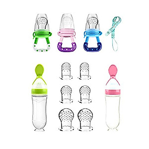 Food Feeder Baby Fruit Feeder Pacifier (3 Pcs) with 6 Different Sized Silicone Pacifiers 2 PCS Silicone Baby Food Dispensing Spoon 90ML with 2 Baby Spoons Pacifier Clip Infant Fruit Teething Toy-Pink