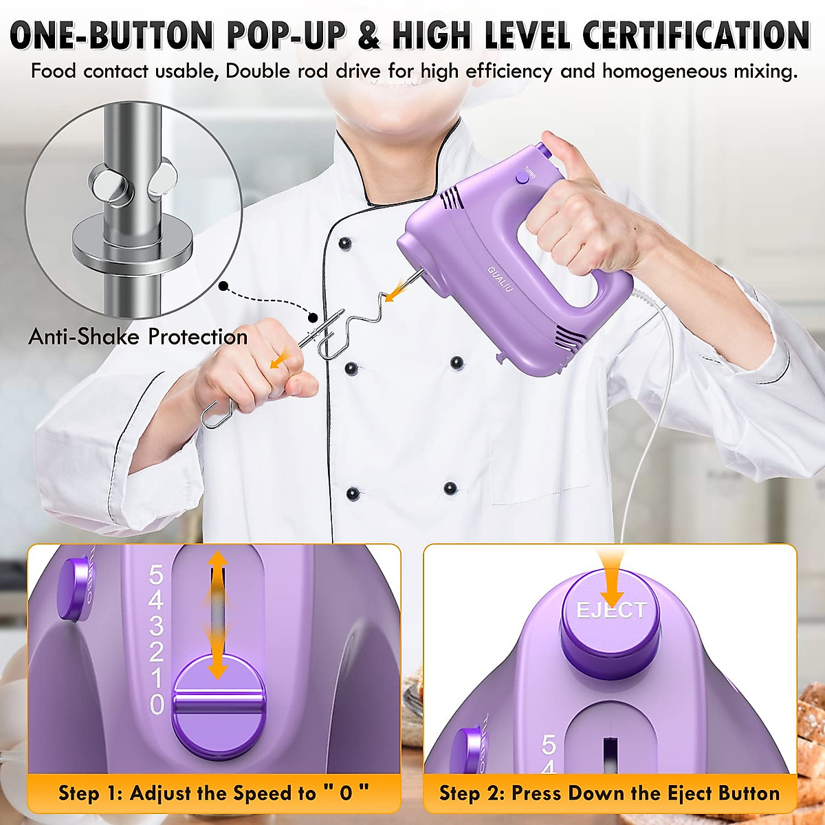 Electric Hand Mixer with Stainless Steel Whisk, Dough Hook Attachment and Storage Bag, Handheld Mixer for Baking Cakes, Eggs, Cream Food Mixers. Turbo Boost /5 Speed Kitchen Blender PURPLE