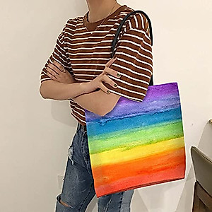 YUMQSEOS Kitchen Reusable Grocery Bags Large Tote Bag Reusable Casual Handbag for Lunch Travel Shopping - Colorful Striped Rainbow