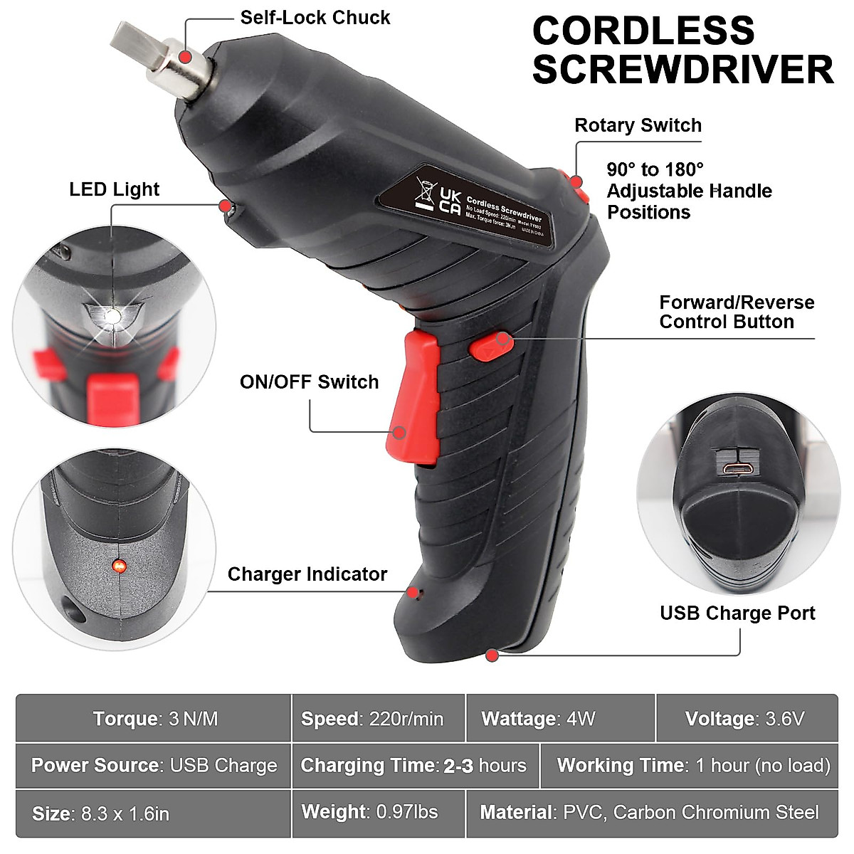 Cordless Electric Screwdriver, 3.6V Rechargeable Power Screwdriver with 47 pcs Accessories, usb charging, 3Nm Screw Gun, mini Carrying screwdriver set ​with LED Light for Father's Day Gift