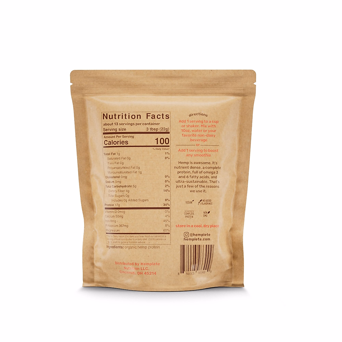 hemplete Organic Hemp Heart Unflavored Vegan Protein Powder, Plant-Based for Balanced Nutrition, All-Natural, 1 Ingredient, No Artificial Ingredients, Easy to Digest & Mix (10oz)