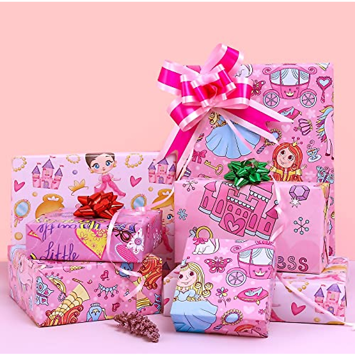 U'COVER Princess Birthday Wrapping Paper for Girls Kids Baby Shower Women Pink Gift Wrapping Paper Castle Theme for Holiday Wedding Graduation Gift Wrap Paper 10Folded Sheet