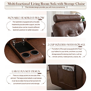 KINFFICT Modern PU Leather Sectional Sofa with Chaise, Comfy 3 Seat Sectional Couch with Storage, Cup Holders, and Comfy Headrest, L Shaped Couch Furniture Set for Living Room, Brown