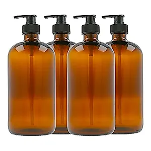32oz Amber Glass Soap Dispenser- Large Amber Round Bottles with Black Pumps – Apothecary Soap Dispensers is Refillable & Reusable for Bath/Kitchen Accessories - Pack of 4