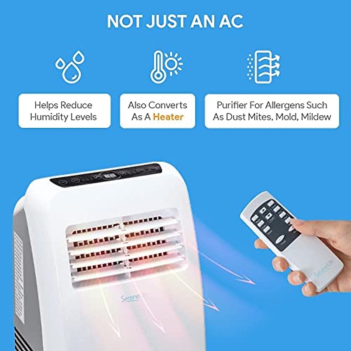 SereneLife SLACHT128 SLPAC 3-in-1 Portable Air Conditioner with Built-in Dehumidifier Function,Fan Mode, Remote Control, Complete Window Mount Exhaust Kit, 12,000 BTU + HEAT, White
