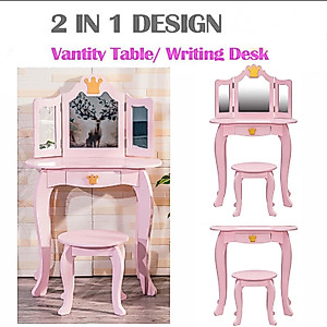 GIMMYFIVE Pretend Play Kids Vanity Set with Mirror and Stool,Kids Wooden Play Vanity Set with Vanity Table with Lights, Tri-Fold Mirror, Storage Drawer for Toddlers