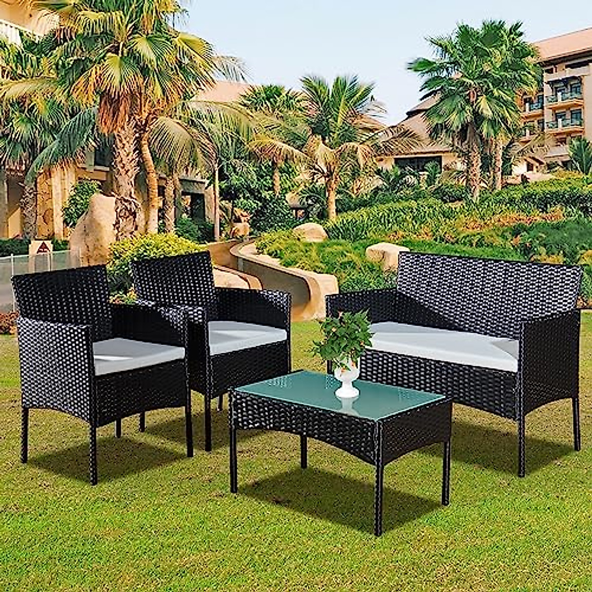 Aweather 4 Pieces Patio Furniture Set, Rattan Outdoor Table and Chairs for Yard,Pool or Backyard Outdoor Indoor Use