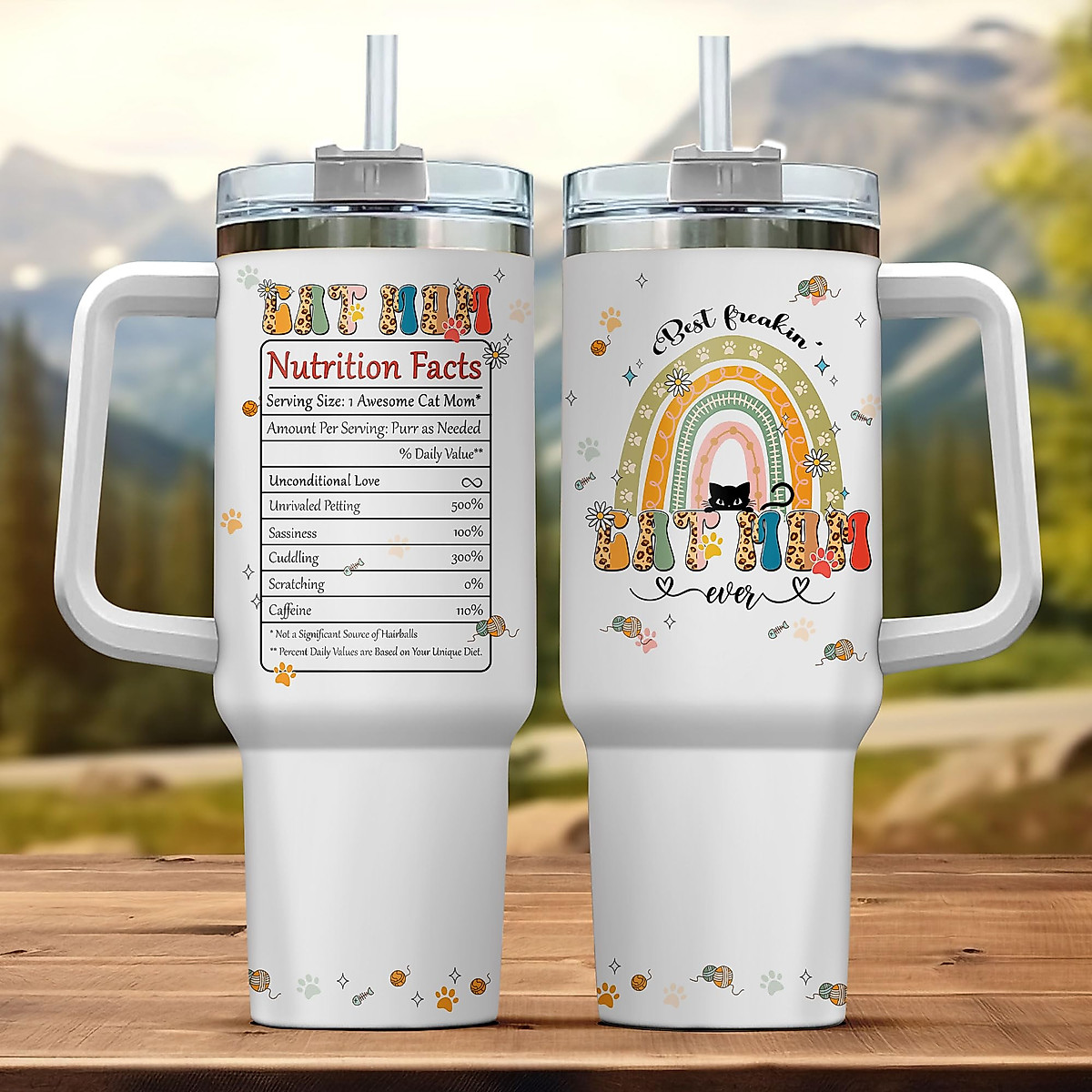 99OWL Cat Mom Rainbow Nutrition Facts, Tumbler 40 Oz With Handle Lid And Straw, Mom Gifts, Funny Cups Simple Insulated Day Straws For Be Mothers Handle Print To Women Mommy Cup