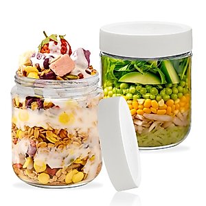PFUM Convenient Canning Jars Set: 18 oz Glass Overnight Oats Containers 2Pack- Airtight Lids, Mason Jars for Oatmeal, Seed Pudding, Snacks Glass Food Storage Containers (2 white)
