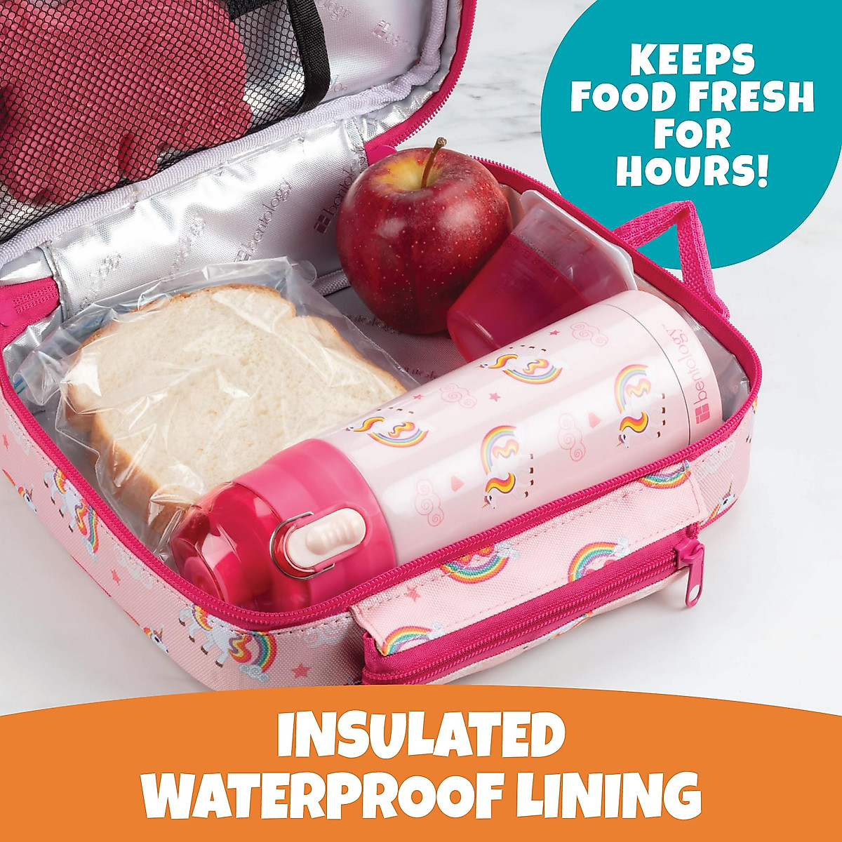 Insulated Lunch Box w Snack Pocket & Water Bottle Holder-Girls or Kids Unicorn School Lunchbox Tote Keeps Food Hotter or Colder Longer- Reusable Bag Fits Most Bento Boxes, Ice Packs- Back to School