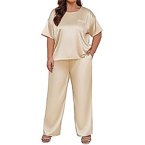 Ekouaer Women Plus Size Pajamas Silk Satin Pajama Pants Set Pjs for Women Satin Loungewear Sleepwear Lounge Set Champagne 18W