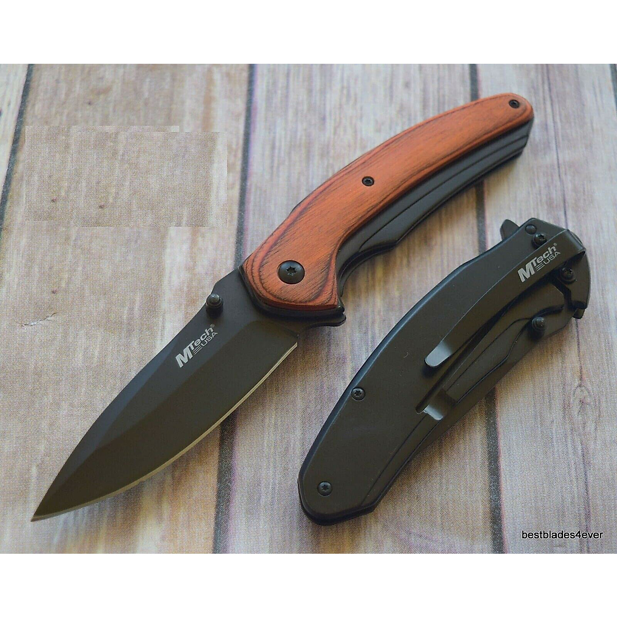 8.25 Inch Mtech Burl Wood Handle Framelock Open Folding Pocket Knife - 3 Pcs Combo Outdoor Survival Hunting Knife for Camping by Survival Steel