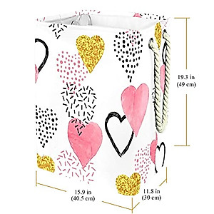 Inhomer Glittering Gold Pink Hearts Pattern Large Laundry Hamper Waterproof Collapsible Clothes Hamper Basket for Clothing Toy Organizer, Home Decor for Bedroom Bathroom