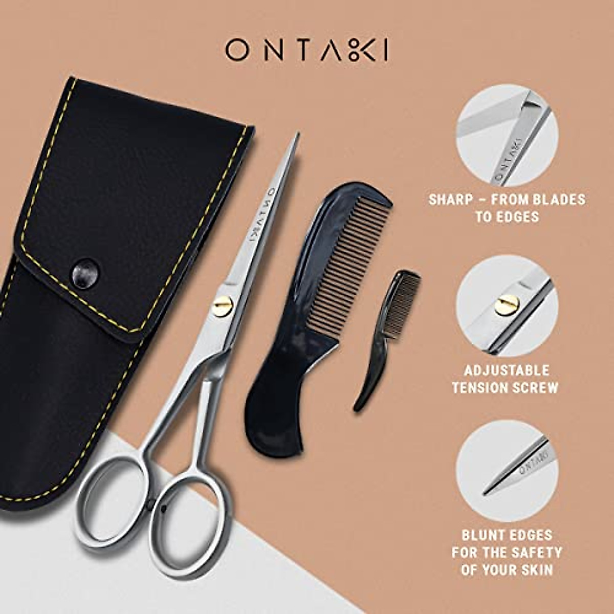ONTAKI 5" Professional German Steel Beard & Mustache Barber Scissors - 2 Comb & Carrying Pouch - Hand Forged With Bevel Edge For men - Men’s Facial Hair Grooming Kit Body or Facial Hair (Silver)